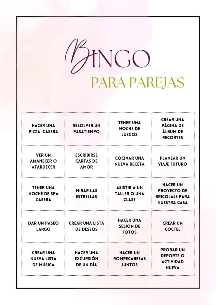 Actividad En Pareja: Descarga Gratis Tu Bingo Personalizable Con 20 Ideas